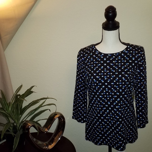 Rafaella | Tops | Rafaella Black Top W Blue And White Polka Dots | Poshmark